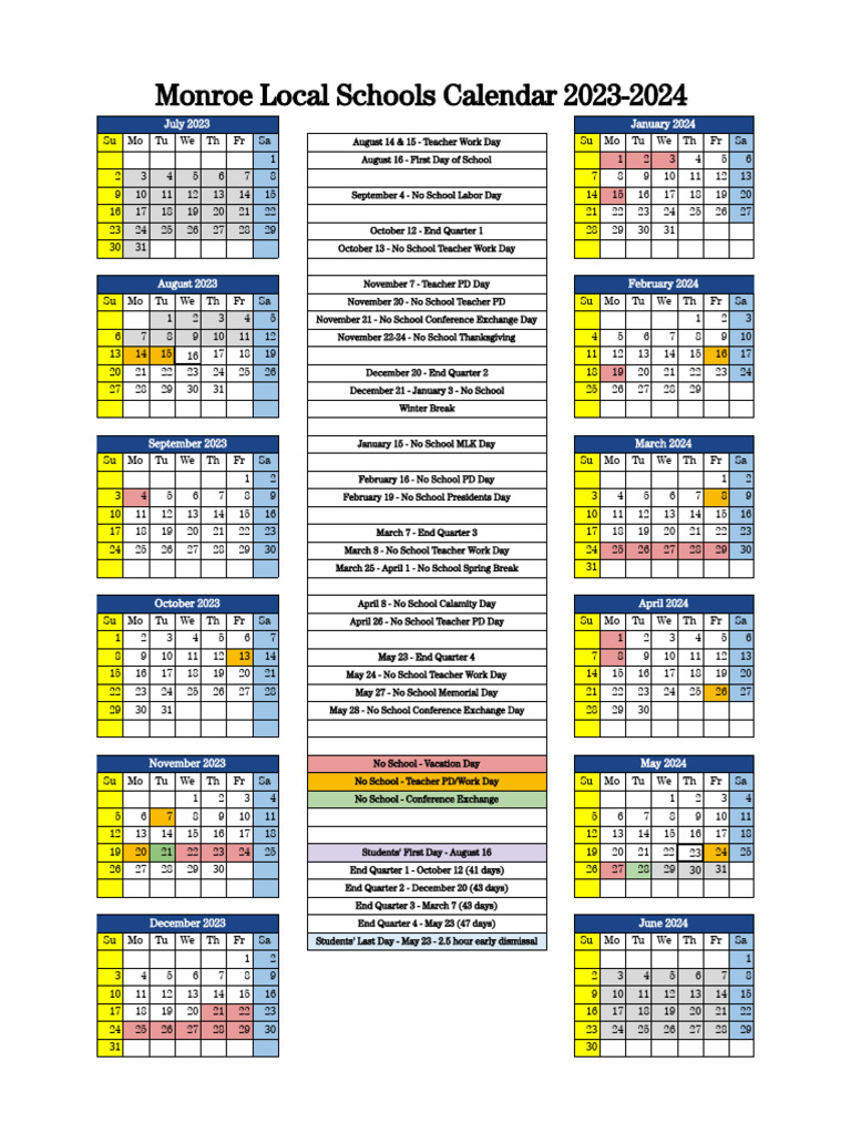 2023-24 Monroe Local School District Calendar | PDF | Holidays