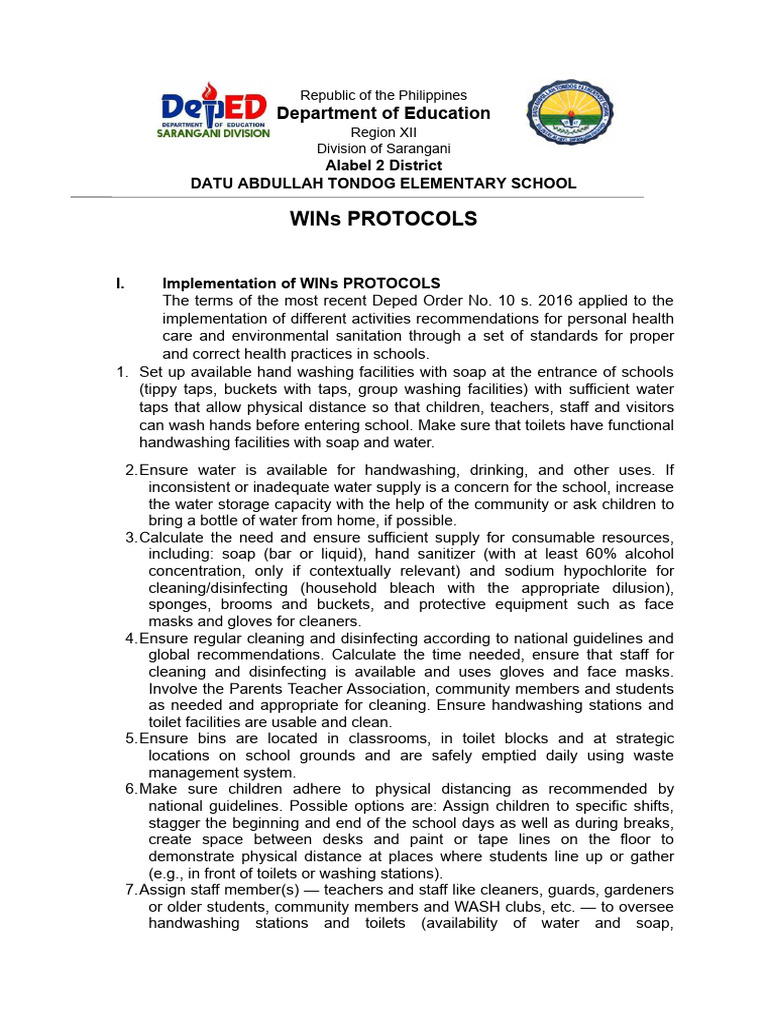 Wins Protocol Plan - Dates | PDF | Hand Washing | Water