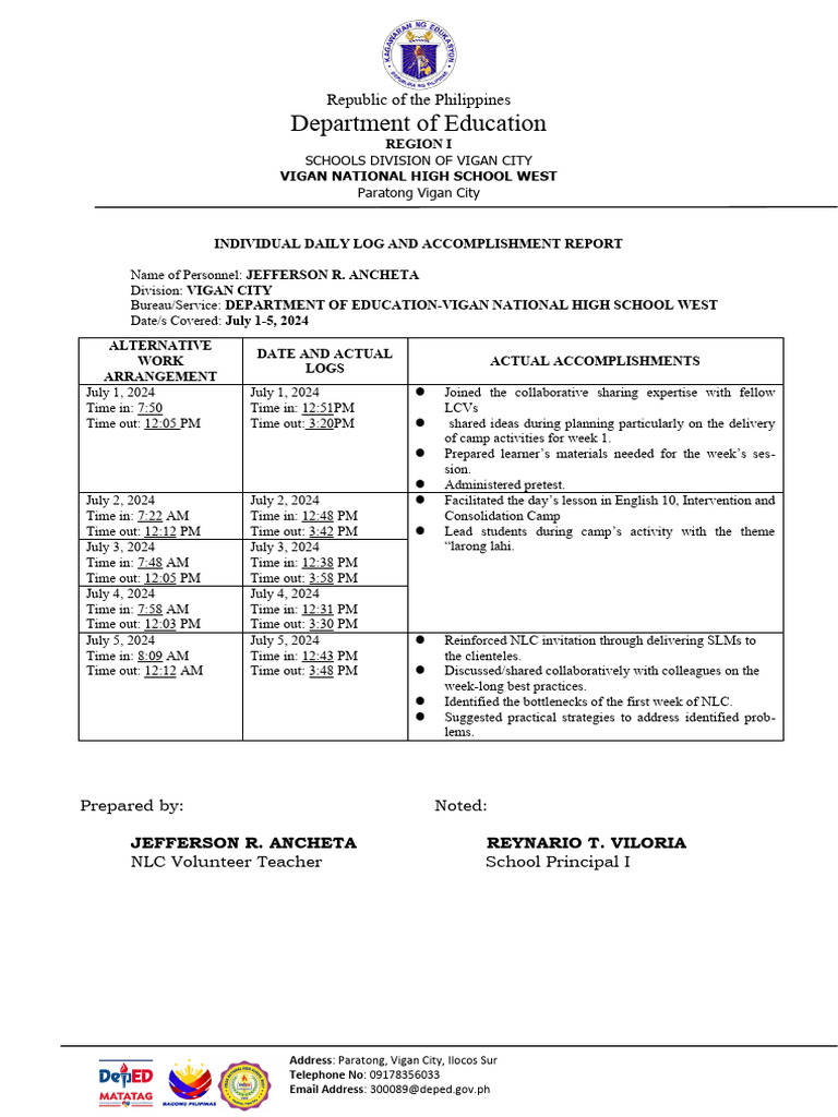 Individual Daily Log and Accomplishment Report | PDF | Pedagogy ...