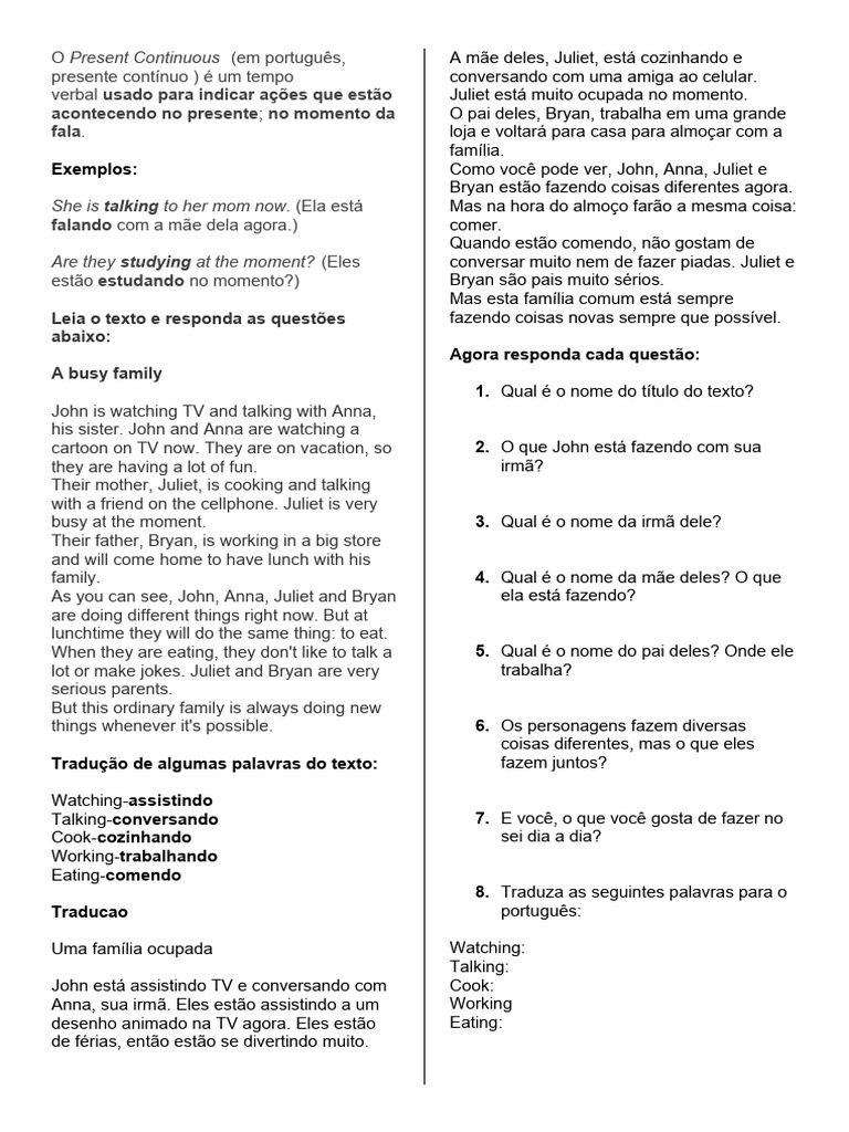 Atividades sobre Present Continuous | PDF