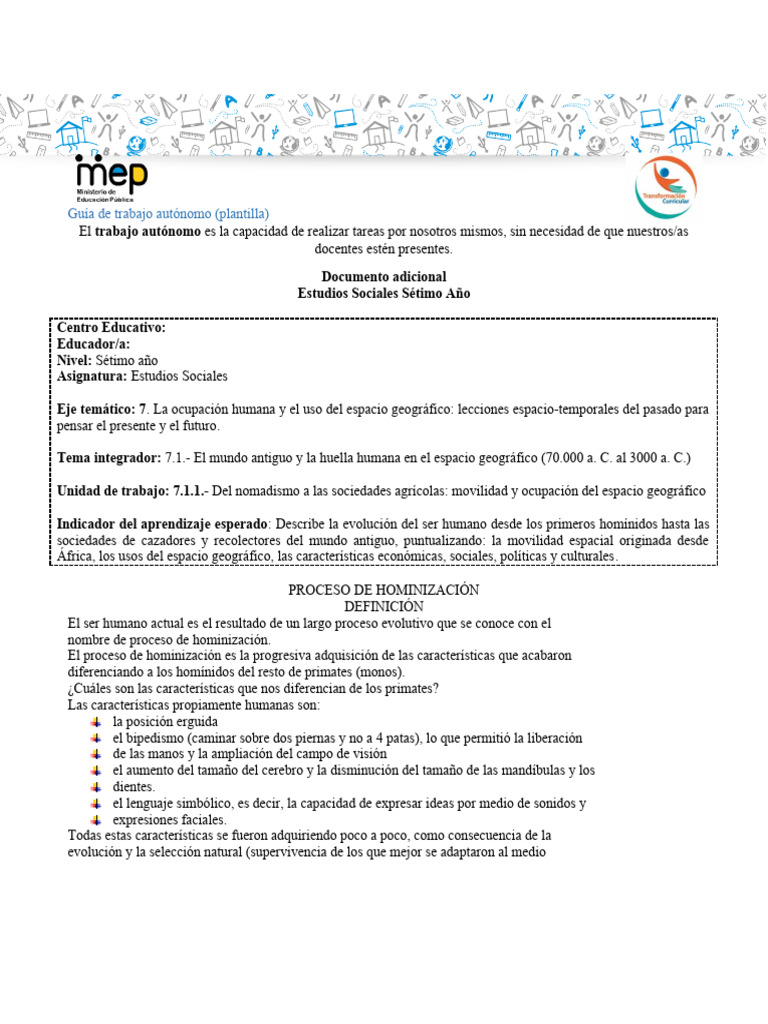 1. Estudios Sociales Séptimo Documento Adicional | PDF | Humano | Homo