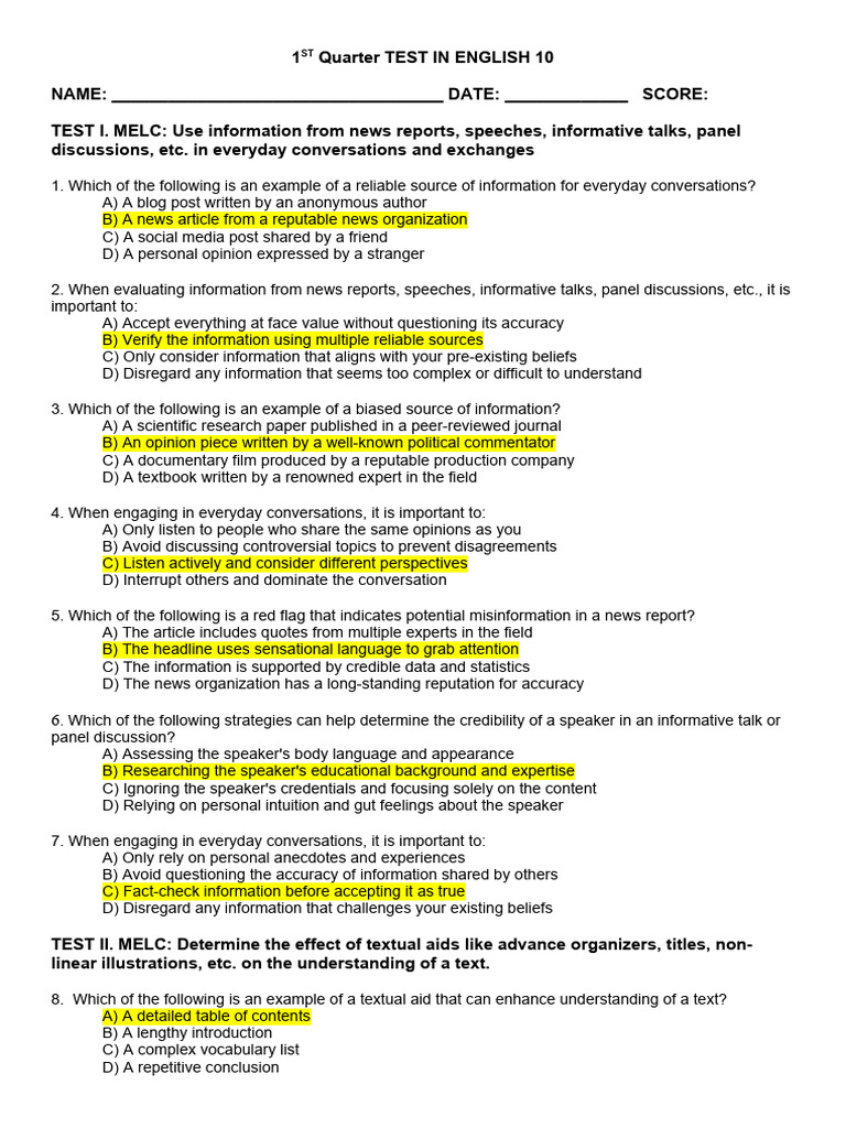 g10 English Exam q1 - Teachers | PDF | Reason | Conversation
