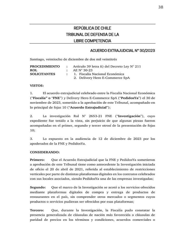 TDLC Aprueba A.extrajudicial PedidosYa - FNE | PDF | Mercado libre | Chile