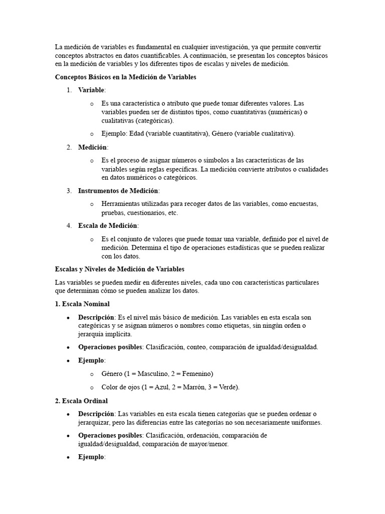Conceptos Básicos en La Medición de Variables. Escalas y Niveles de Medición de Variables. | PDF ...