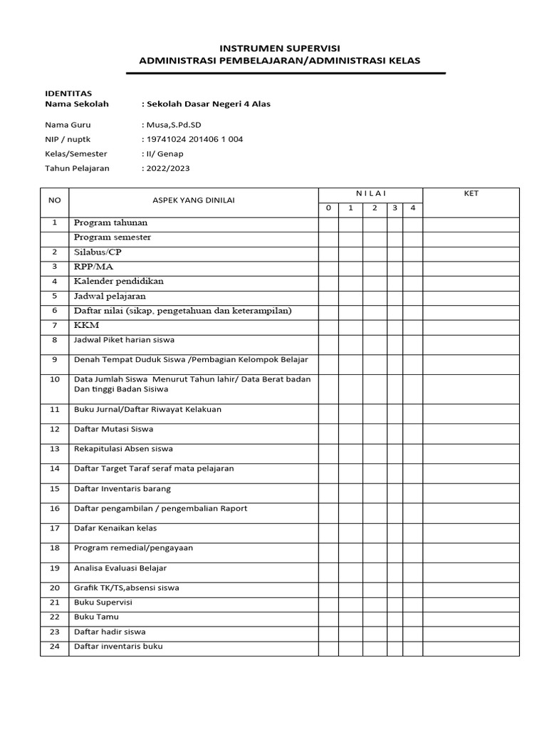 Instrumen Supervisi Adm KLS | PDF