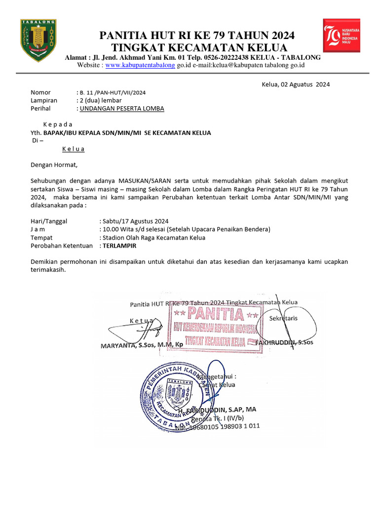 Undangan Lomba HUT RI 79 Kecamatan Kelua | PDF