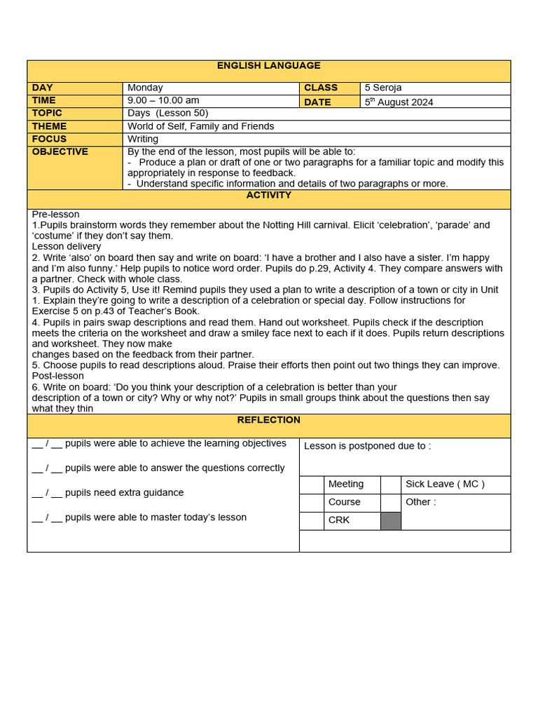 RPH ENGLISH YEAR 5 DAYS | PDF | Cognitive Science | Behavior Modification