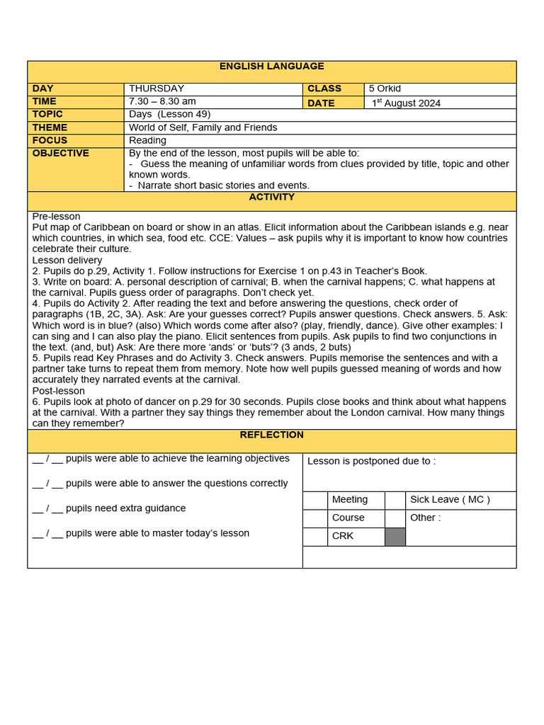 RPH English Year 5 Days | PDF | Question | Learning