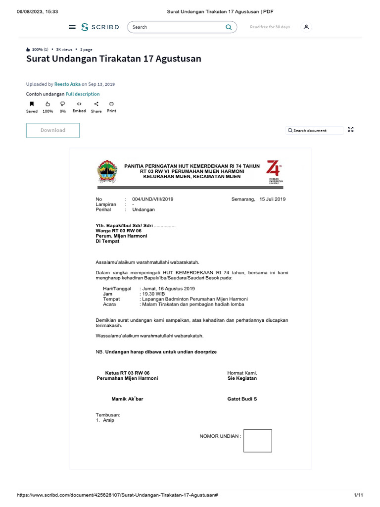 Undangan Tirakatan HUT RI 74 | PDF | Scribd | Written Communication