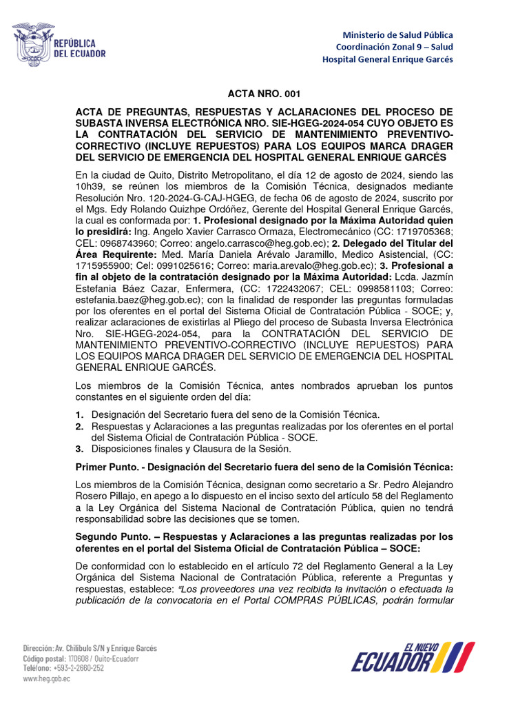 ACTA 001 PREGUNTAS RESPUESTAS Y ACLARACIONES-signed | PDF | Hospital | Gobierno