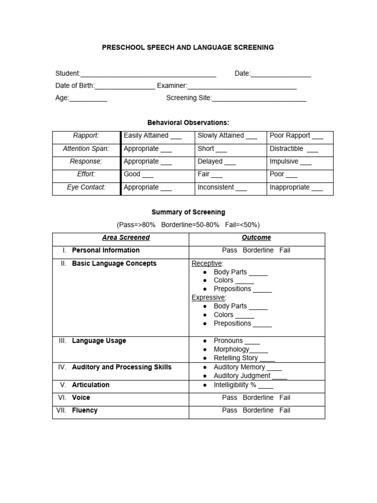 Preschool Speech and Language Screening: Rapport: Attention Span: Response: Effort: Eye Contact ...