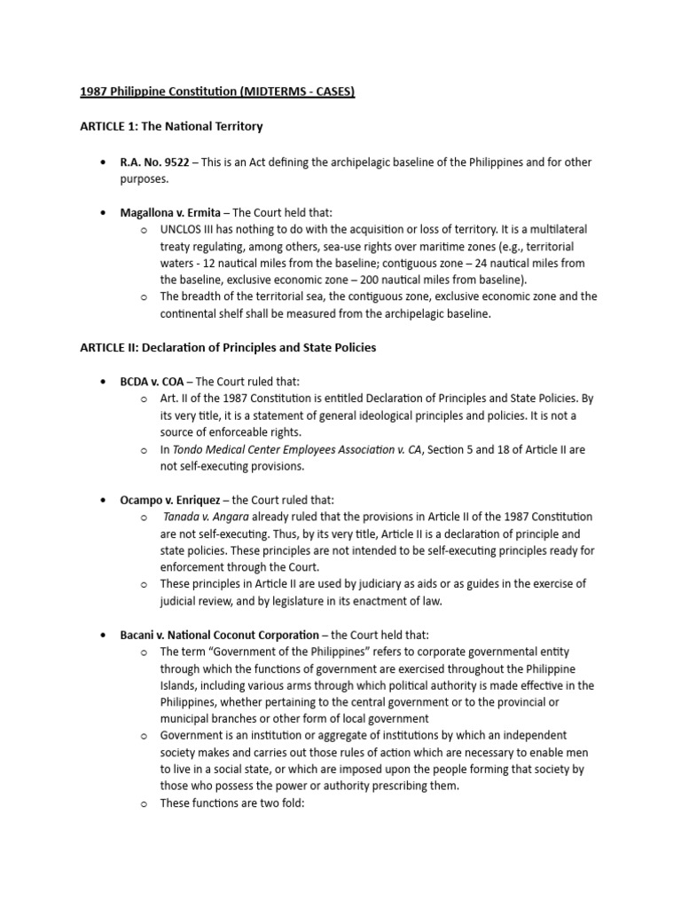 1987 Philippine Constitution Case Summaries | PDF | Territorial Waters ...