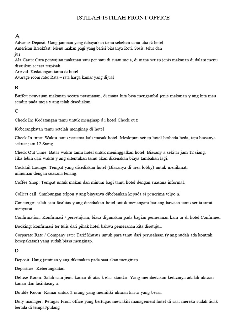 Istilah Dalam Front Office | PDF