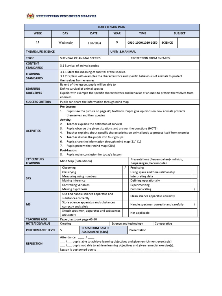 RPH SN DLP Y 5 V2 (Unit 3) | PDF | Learning | Science