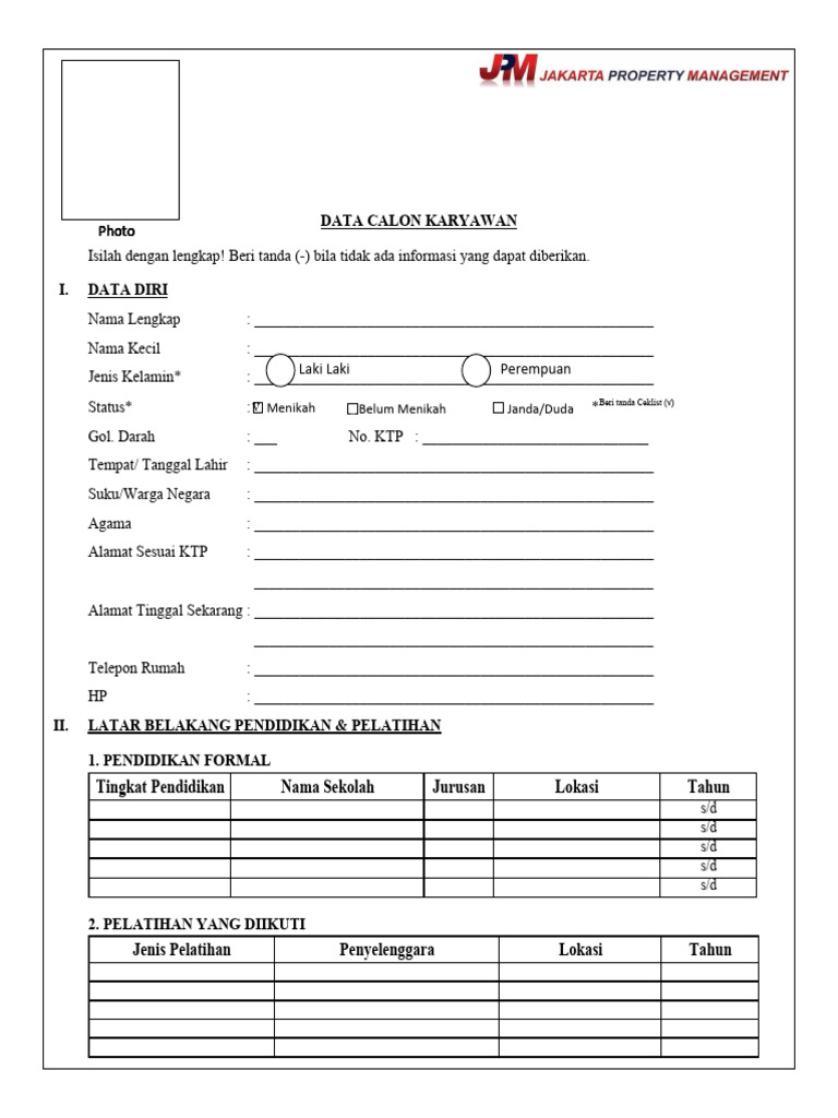 Form Data Isian Calon Karyawan | PDF