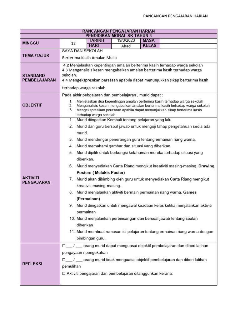 RPH Ringkas Minggu 12 Moral SK THN 3 2024 by Cikgu Gorgeous | PDF ...