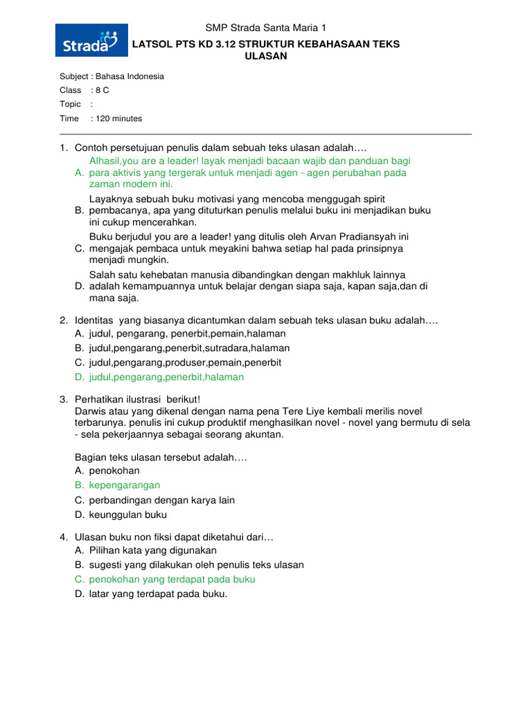 Bahasa Indonesia - Latsol Pts KD 3.12 Struktur Kebahasaan Teks Ulasan - Question + Answer | PDF ...