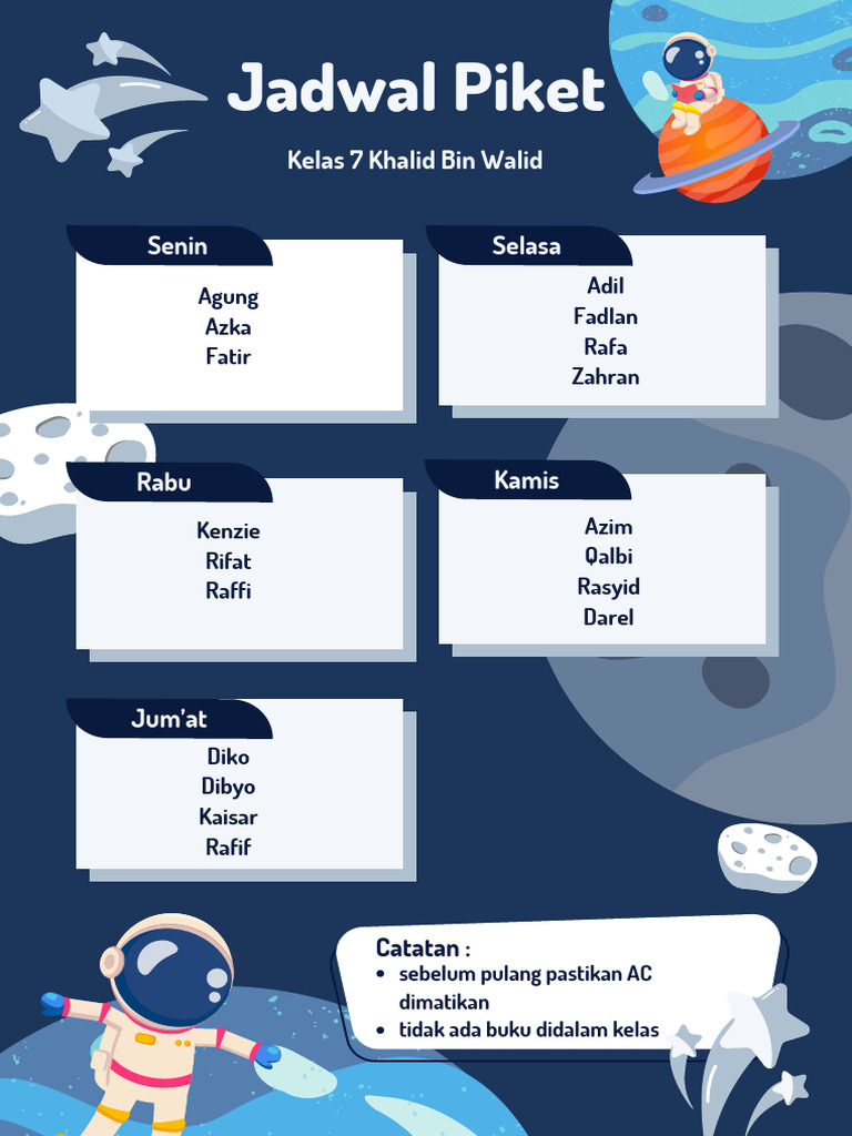 Biru Dan Putih Dekorasi Astronot Jadwal Piket Kelas Dokumen A4 | PDF