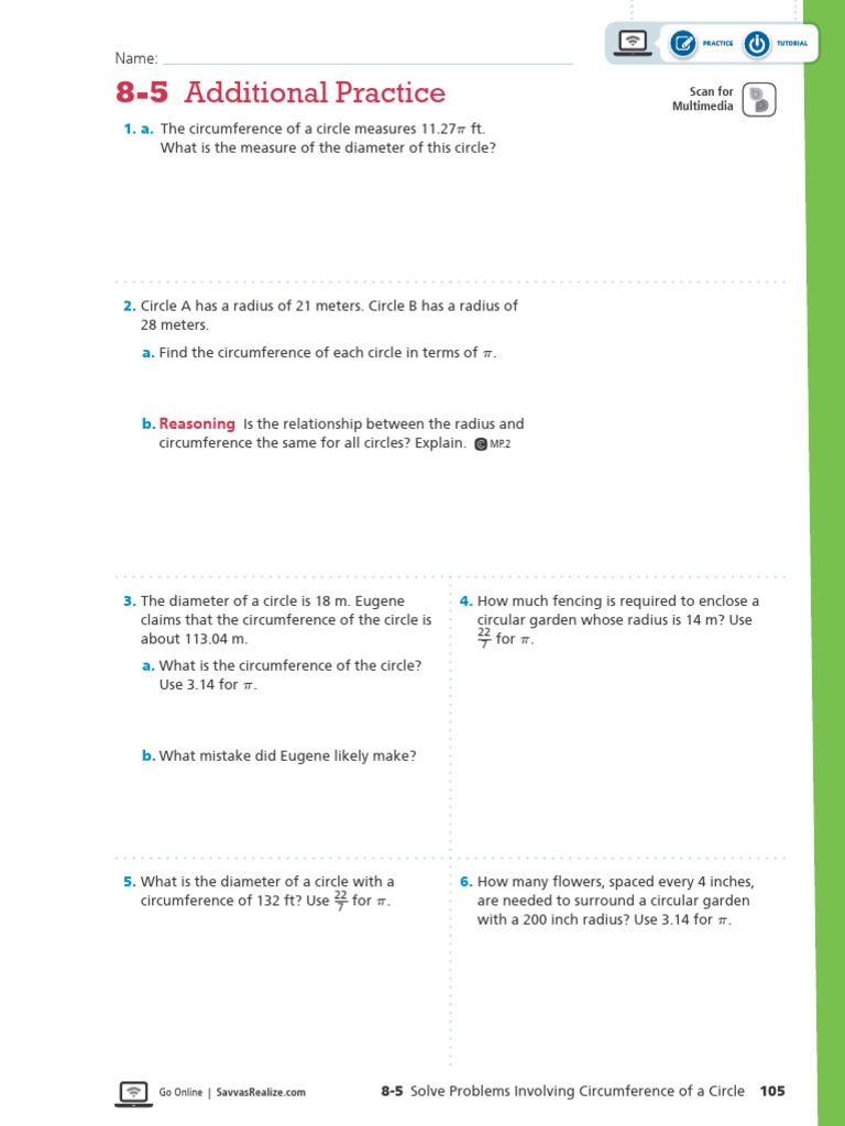 8-5 Additional Practice: Name | PDF | Circle | Metre