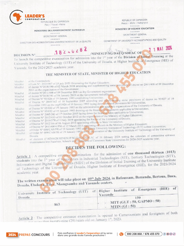 Concours IUT UDla 2024 1ere Annee Division de La Formation Initiale | PDF