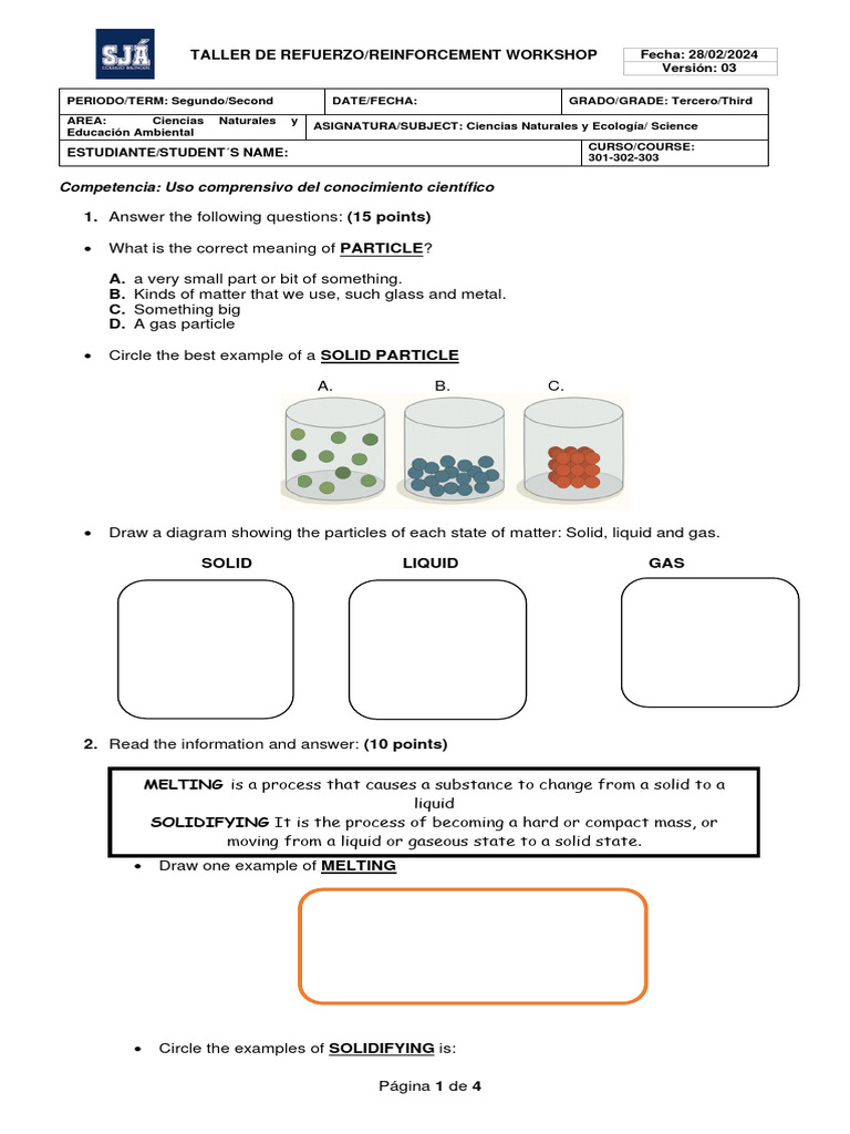 Reinforcement Workshop Second Term Science Third 2024 | PDF | Gases | Chemical Substances