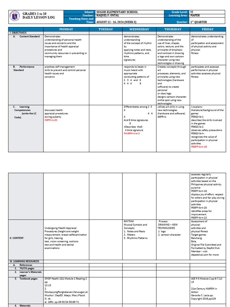 DLL_MAPEH 6_Q1_W3 | PDF | Learning | Teachers