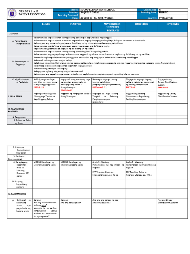 DLL - Filipino 6 - Q1 - W3 | PDF DLL - Filipino 6 - Q1 - W3 | PDF
