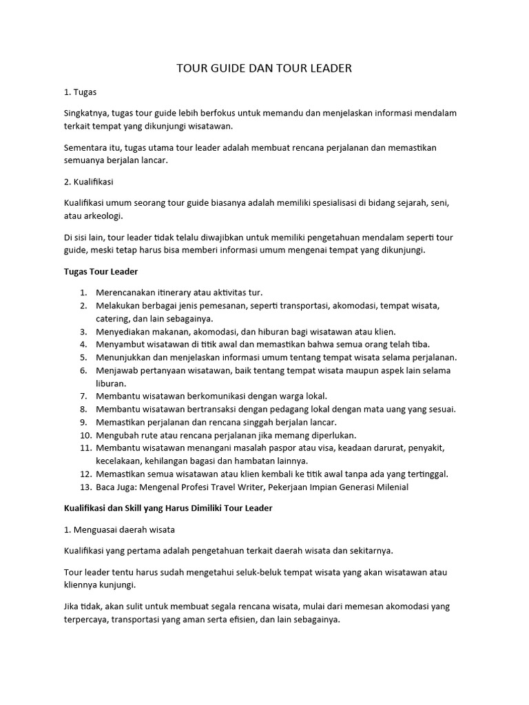 Perbedaan Tour Guide dan Tour Leader | PDF