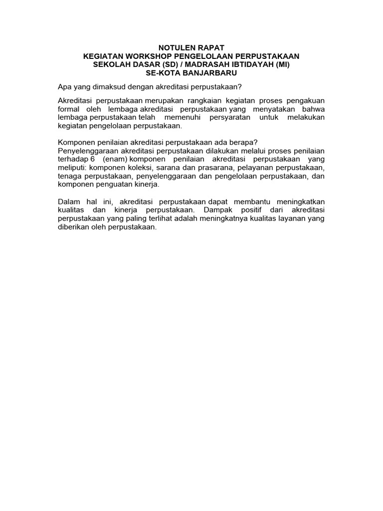Notulen Rapat Workshop Pengelolaan Perpustakaan | PDF | Karier ...