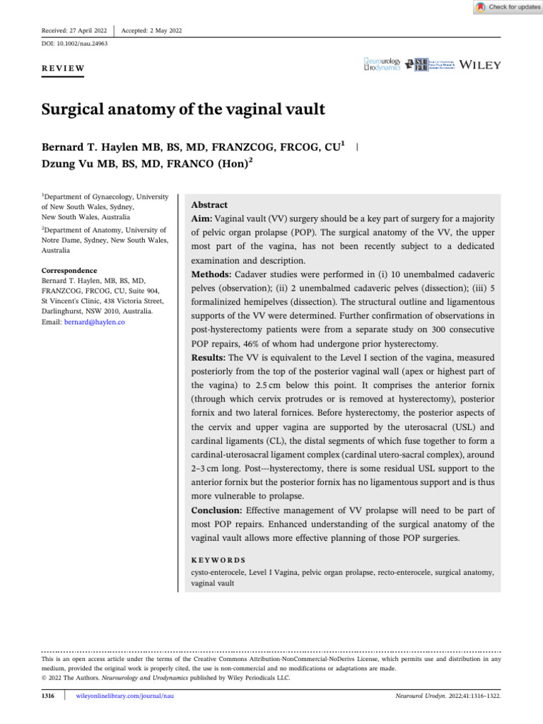 Neurourology and Urodynamics - 2022 - Haylen - Surgical Anatomy of The Vaginal Vault | PDF ...
