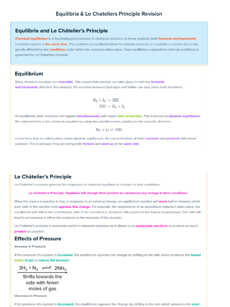 Equilibria & Le Chateliers Principle Revision | PDF | Chemical ...