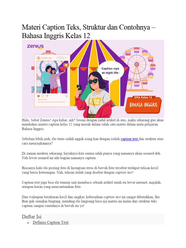 Struktur dan Contoh Caption Teks Kelas 12 | PDF | Karier & Perkembangan | Seni