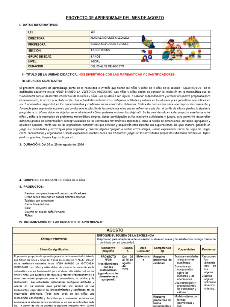 Proyecto De Aprendizaje Del Mes De Agosto Elena Pdf Aprendizaje