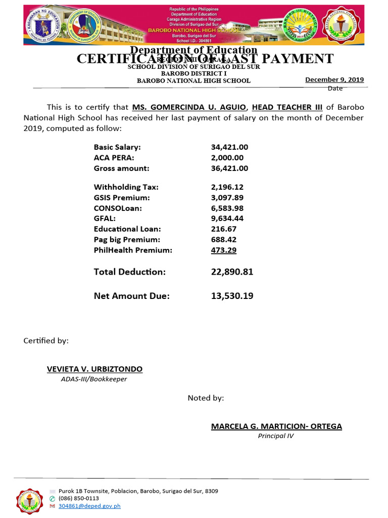 Certification of Last Salary Payment | PDF | Salary | Tax Deduction