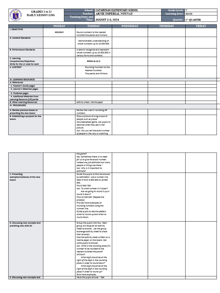 DLL - Math 5 - Q1 - W2 D1 | PDF | Learning | Teachers