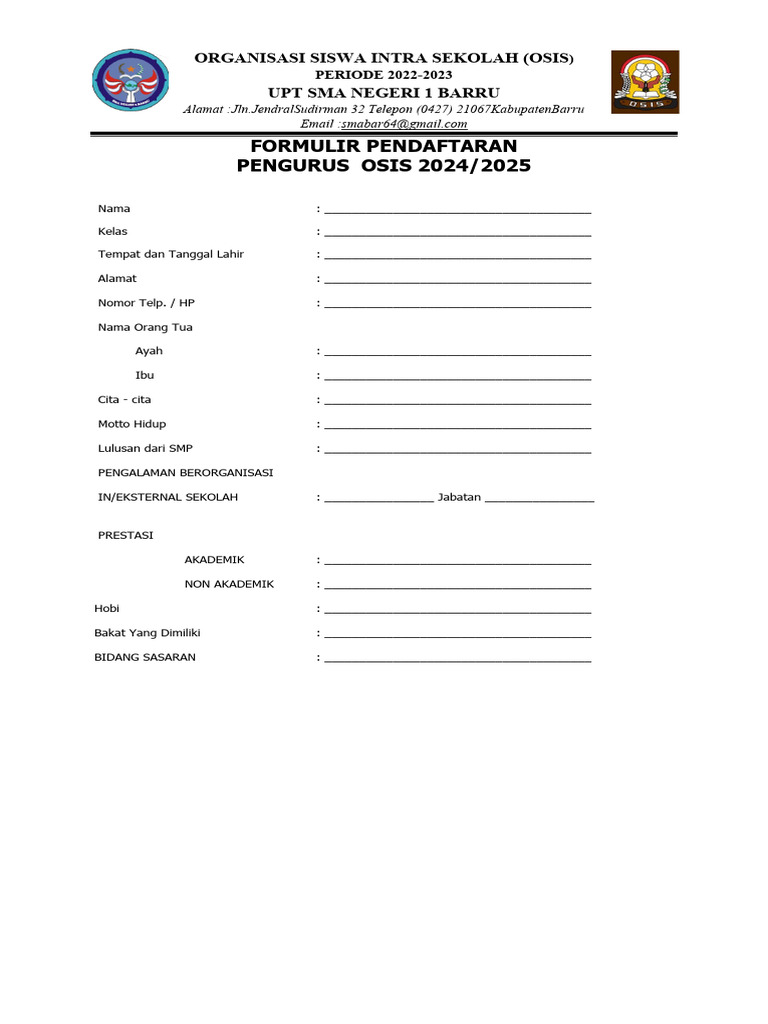Formulir Pendaftaran Calon Pengurus Osis 24 | PDF