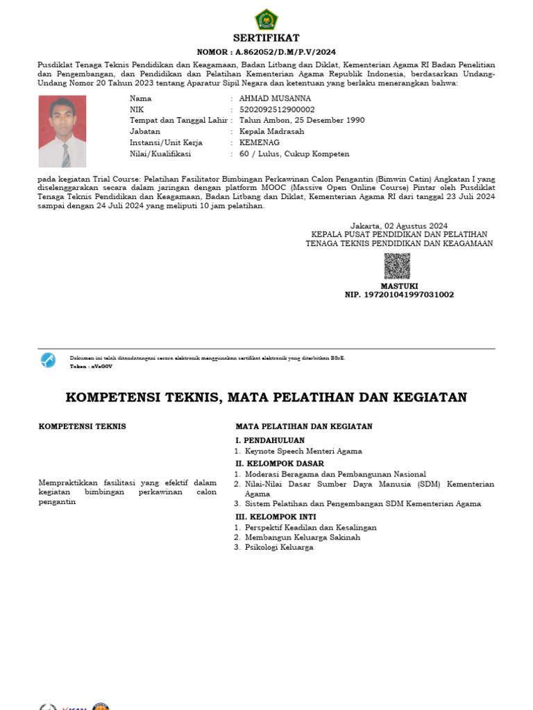 Sertifikat Trial Course - Pelatihan Fasilitator Bimbingan Perkawinan Calon Pengantin (Bimwin ...