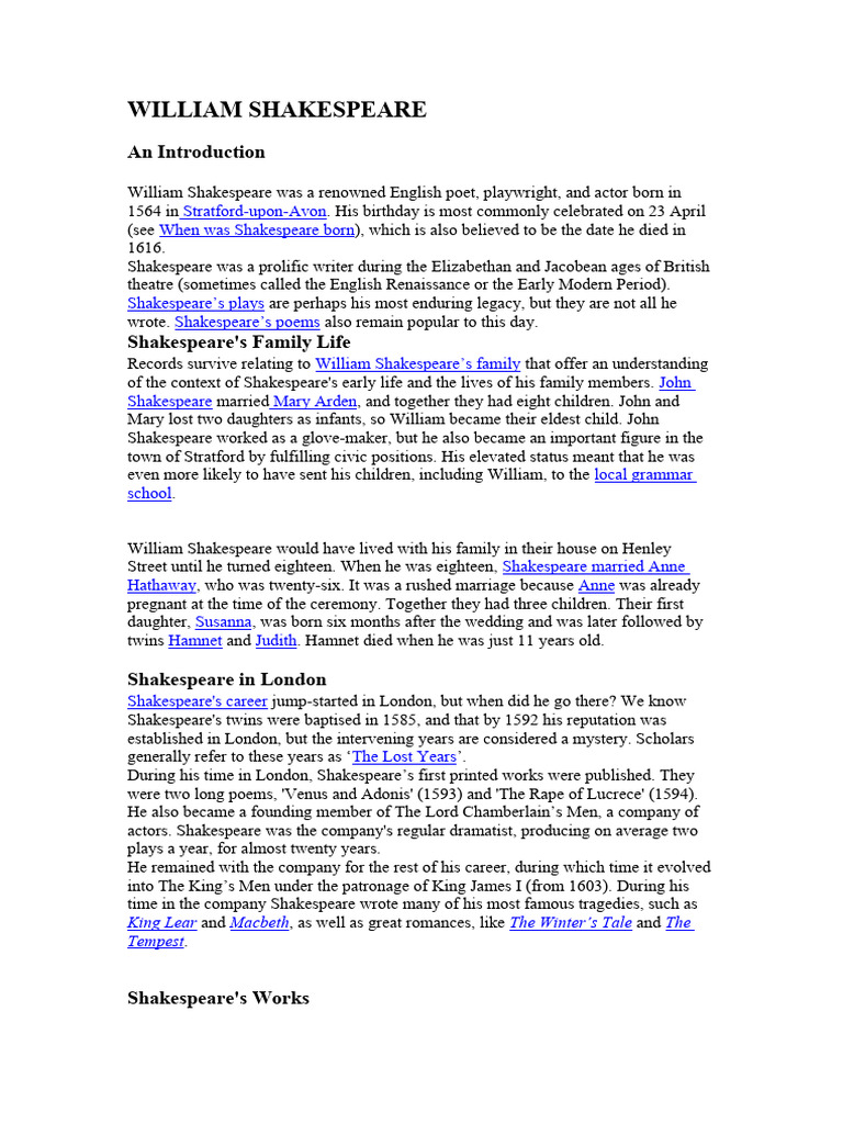 William Shakespeare Information | PDF | William Shakespeare
