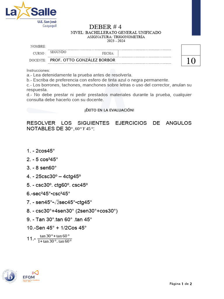 Deber # 4 Segundo Trigonometria - Matematica | PDF | Métodos y materiales de enseñanza | Tecnología