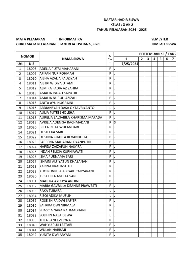 Daftar Hadir Siswa Kelas X AK 2 & 3 | PDF