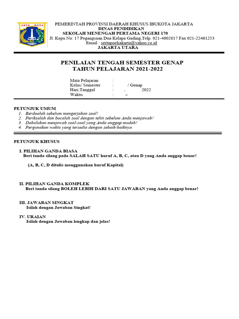 Kop Soal PTS, Pat Bentuk Word | PDF