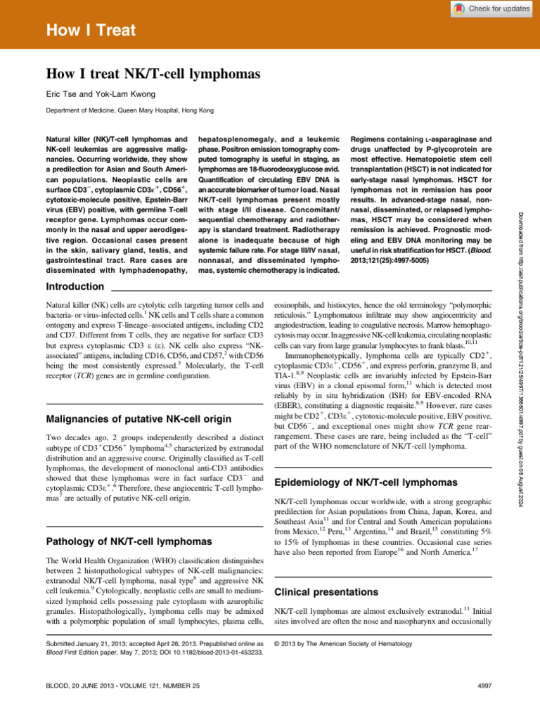 How I Treat NK/T-cell Lymphomas | PDF | Lymphoma | Hematopoietic Stem ...