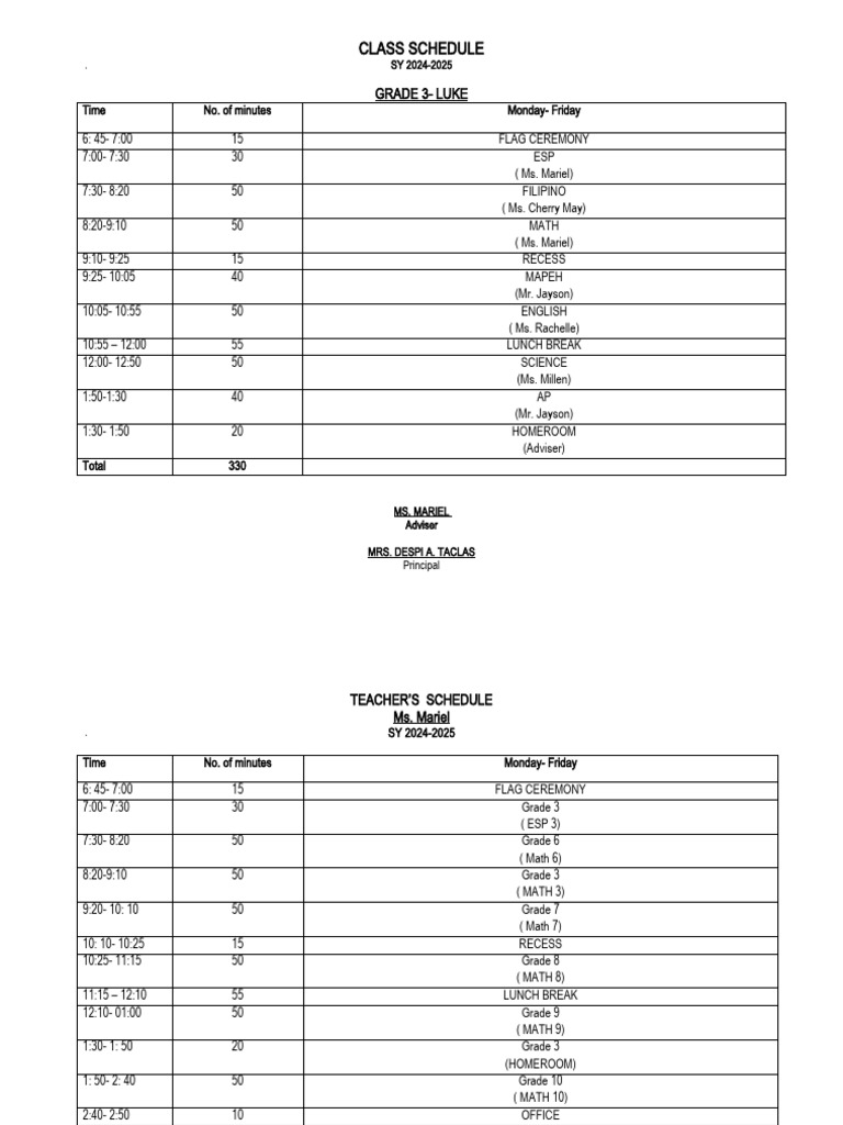 SY 2024 - 2025 Class Program (BPA) | PDF | Schools | Educational ...