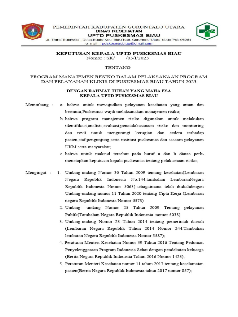 SK Program Manajemen Resiko Dalam Pelaksanaan Program Dan Pelayanan ...