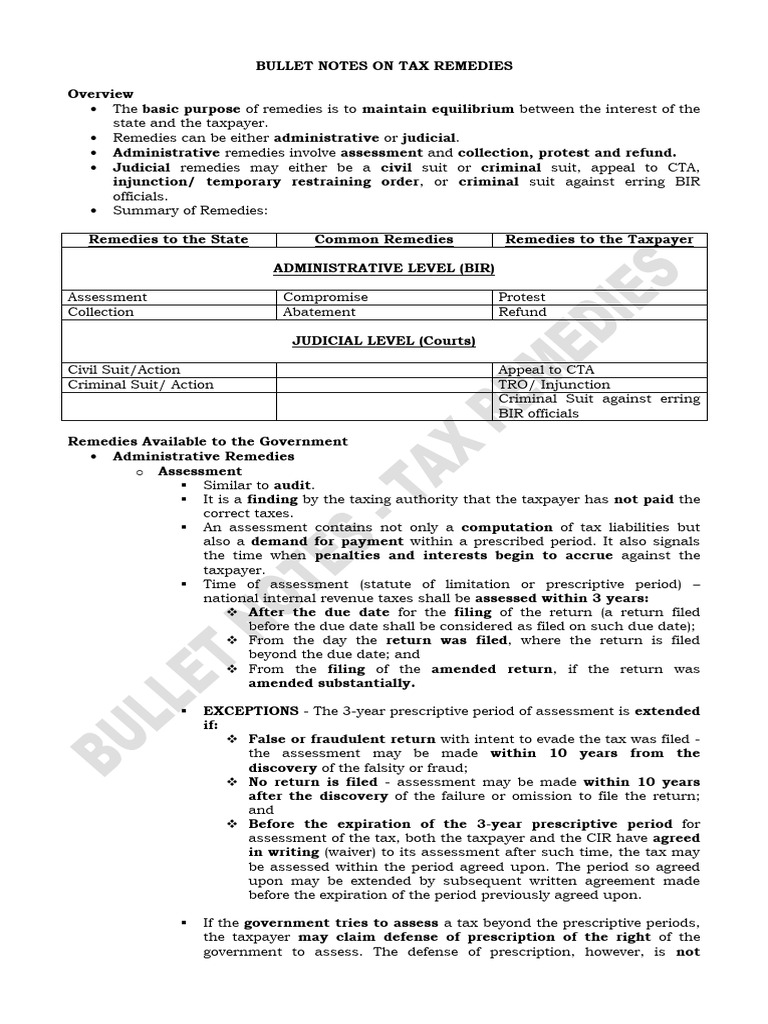 Bullet Notes 10 - Tax Remedies | PDF | Taxes | Taxpayer