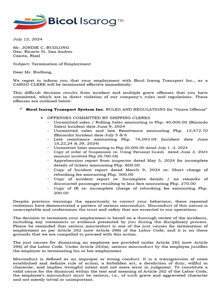 Termination Letter With Admin Findings | PDF | Labour Law | Employment