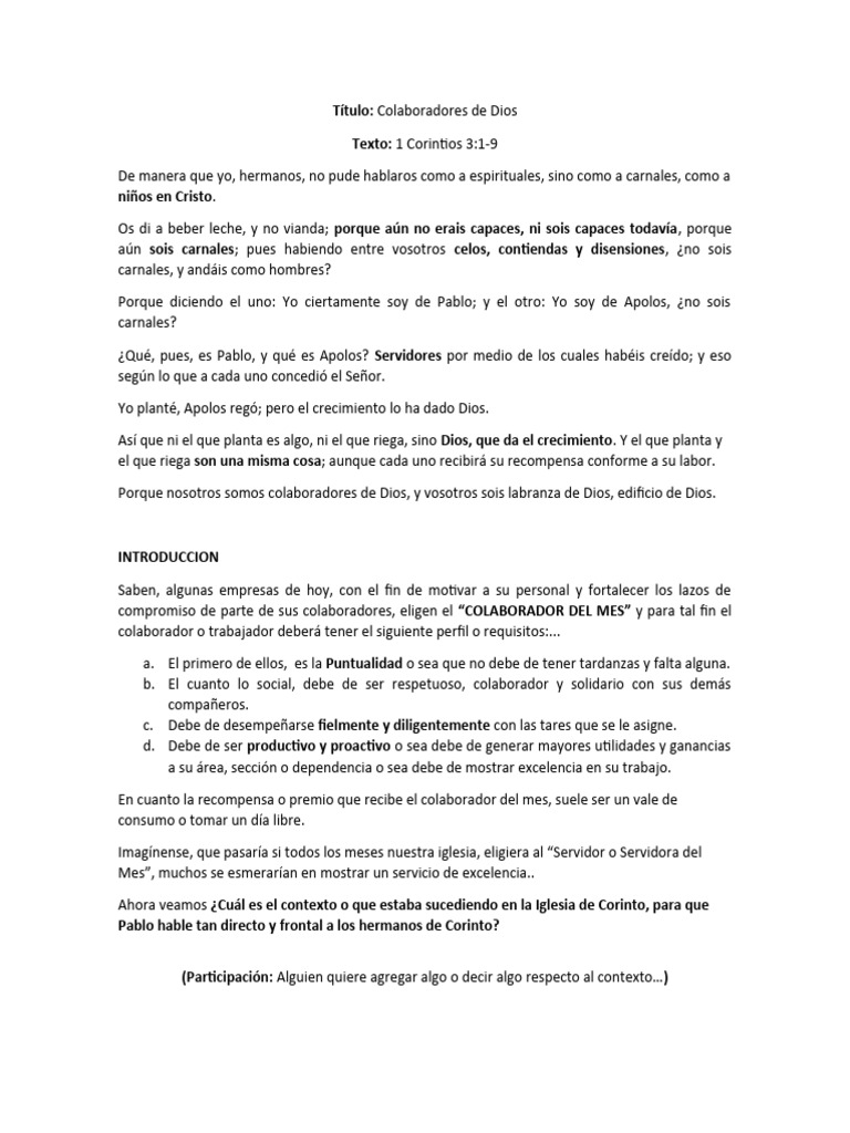 Todos Somos Colaboradores de Dios | PDF | Pablo el apóstol | Primera epístola a los corintios