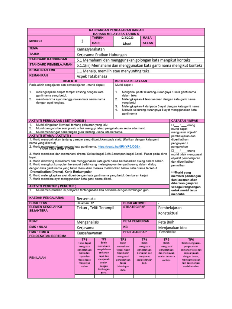 RPH Minggu 3 BM SK THN 5 2024 by Cikgu Gorgeous | PDF