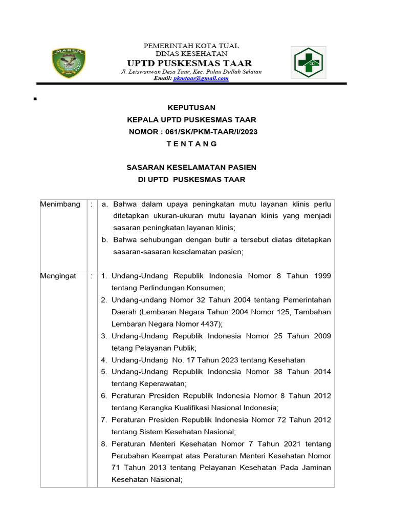 531a.1 SK PELAKSANAAN SASARAN KESELAMATAN PASIEN | PDF | Sains & Matematika