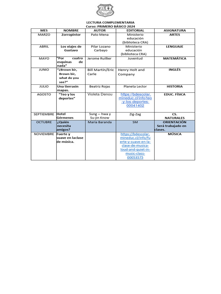 1°lista de Utiles Lecturas Complementarias 2024 | PDF | Cuaderno | Lápiz
